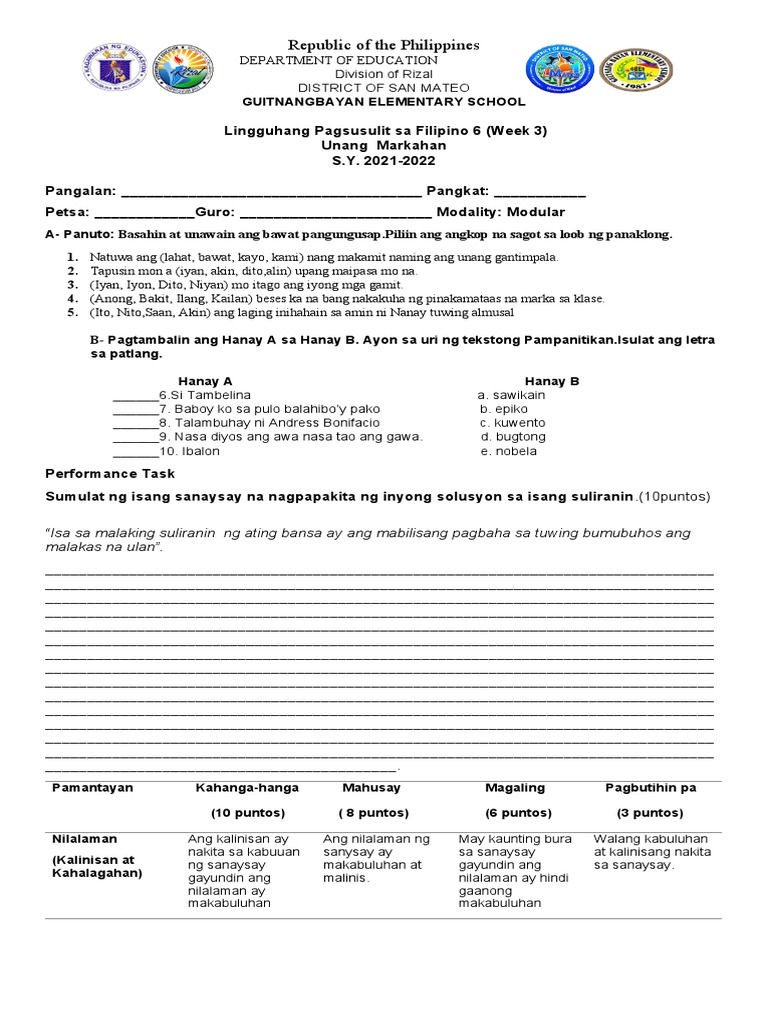 Q1 Lingguhang Pagsusulit Sa Filipino 6 Week3 Final | PDF