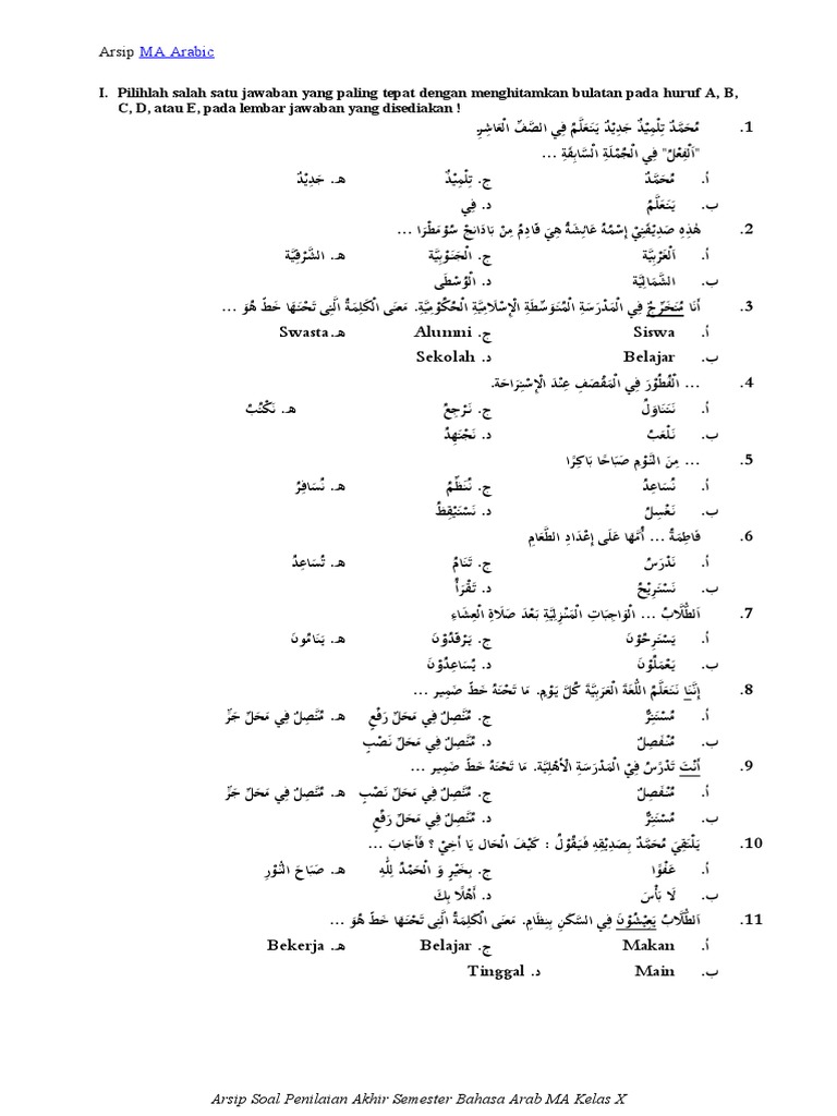 Soal Penilaian Akhir Semester Bahasa Arab MA Kelas X TP 2021-2022 - MA Arabic | PDF
