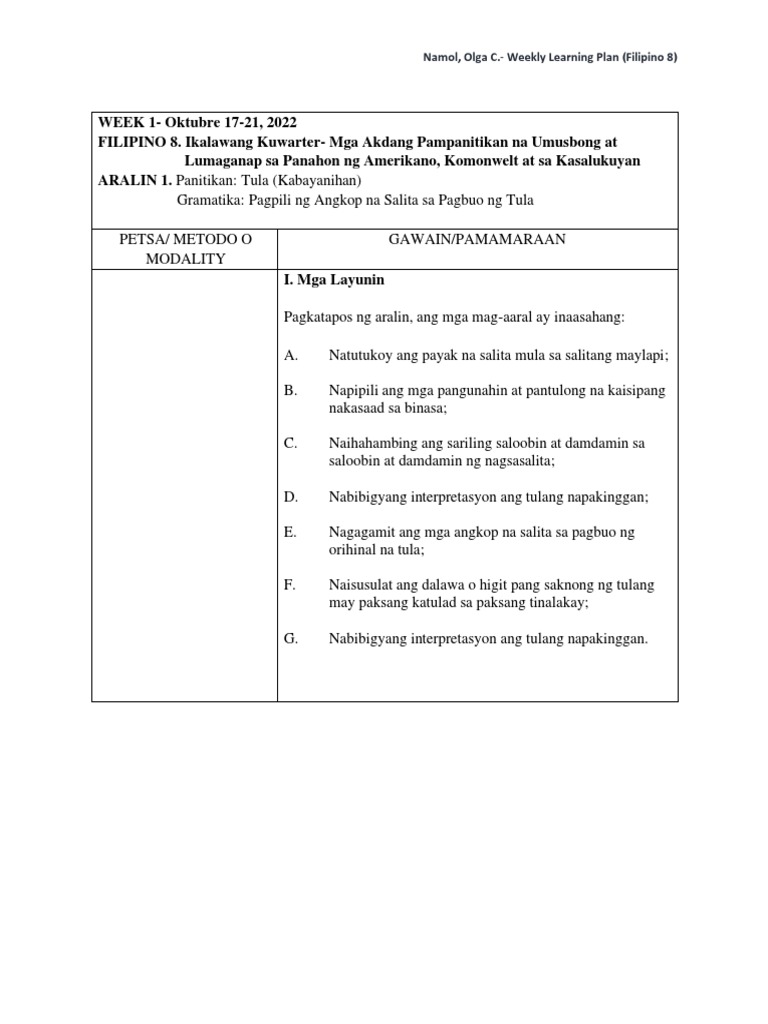 Lesson Plan - Aralin 1-TULA | PDF