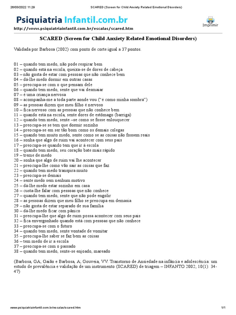SCARED (Screen For Child Anxiety Related Emotional Disorders) | PDF