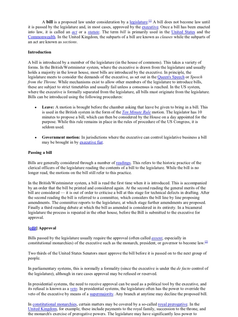 A Bill Is A Proposed Law Under Consideration by A Legislature | PDF ...