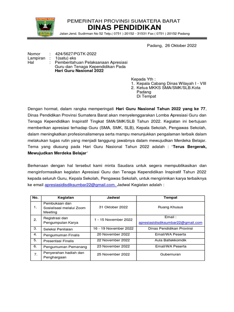 Surat Lomba Apresiasi Guru 2022 | PDF