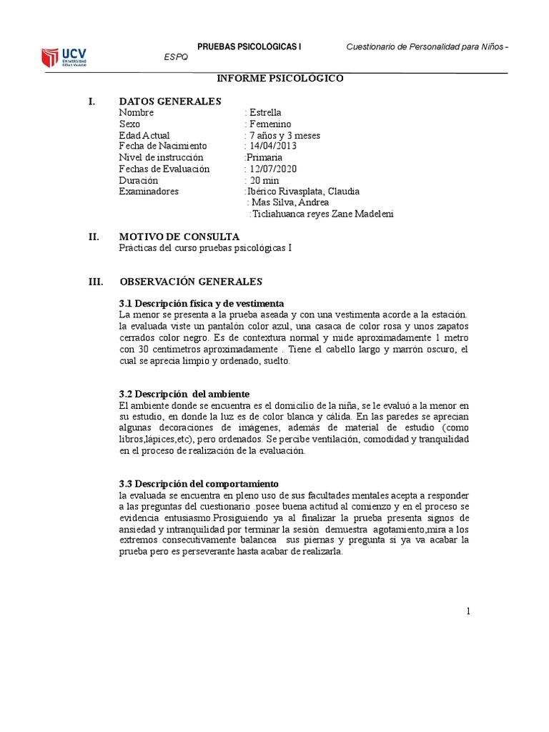 Informe Psicologico Espq - Compress | PDF | Ansiedad | Color