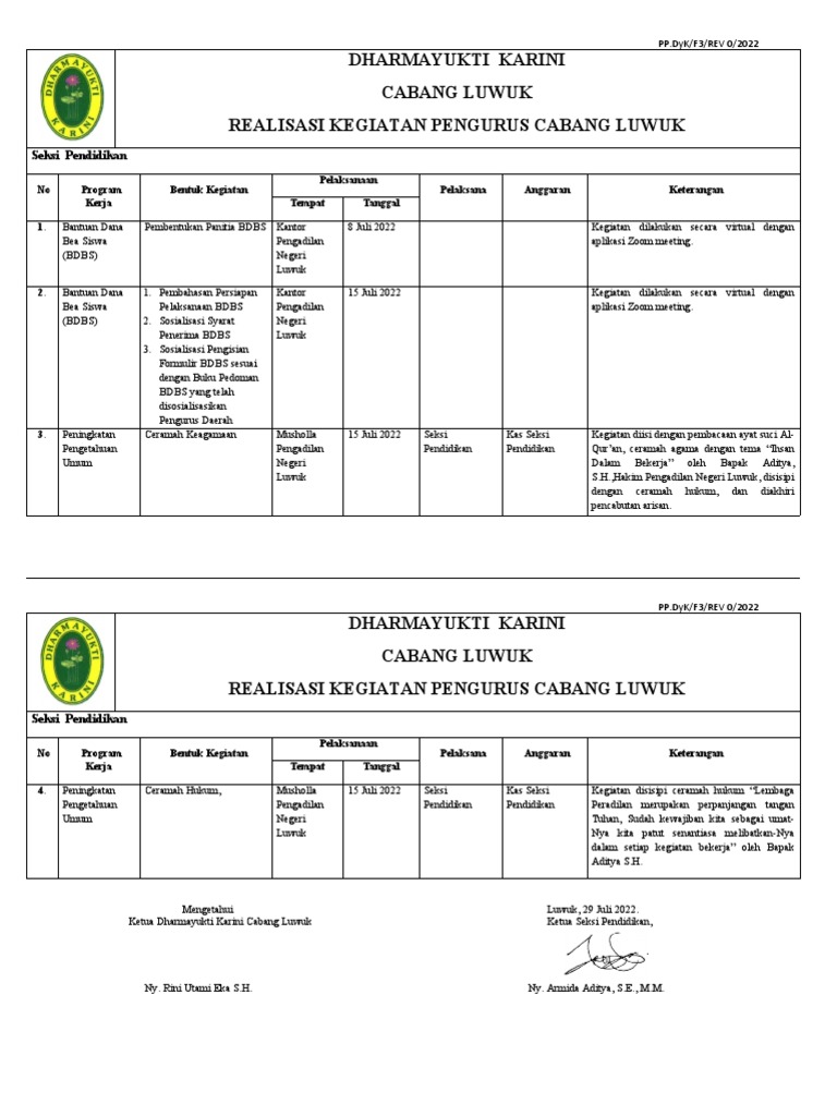 Laporan Kegiatan DYK 2022 Seksi Pendidikan Juli - Oktober | PDF