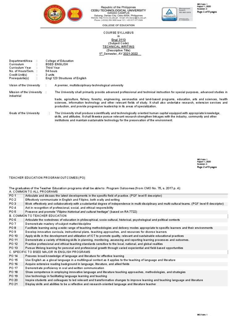 Technical Writing Course Syllabus | PDF | Teaching Method | Learning