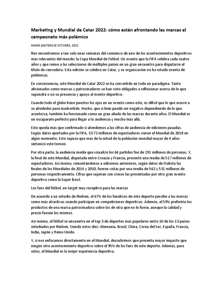 Marcas y el Mundial Catar 2022: Estrategias y Polémicas | PDF | FIFA ...