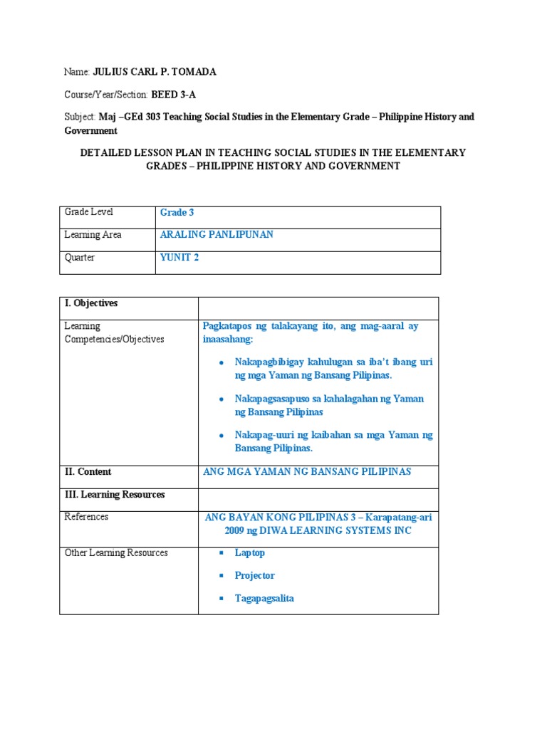 Social Studies - Lesson Plan Aral Pan 3 | PDF