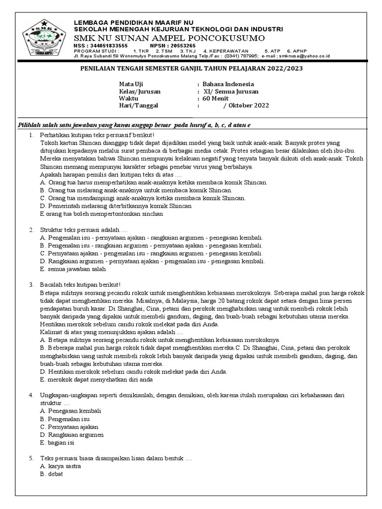Xi - Soal Latihan PTS Bahasa Indonesia | PDF