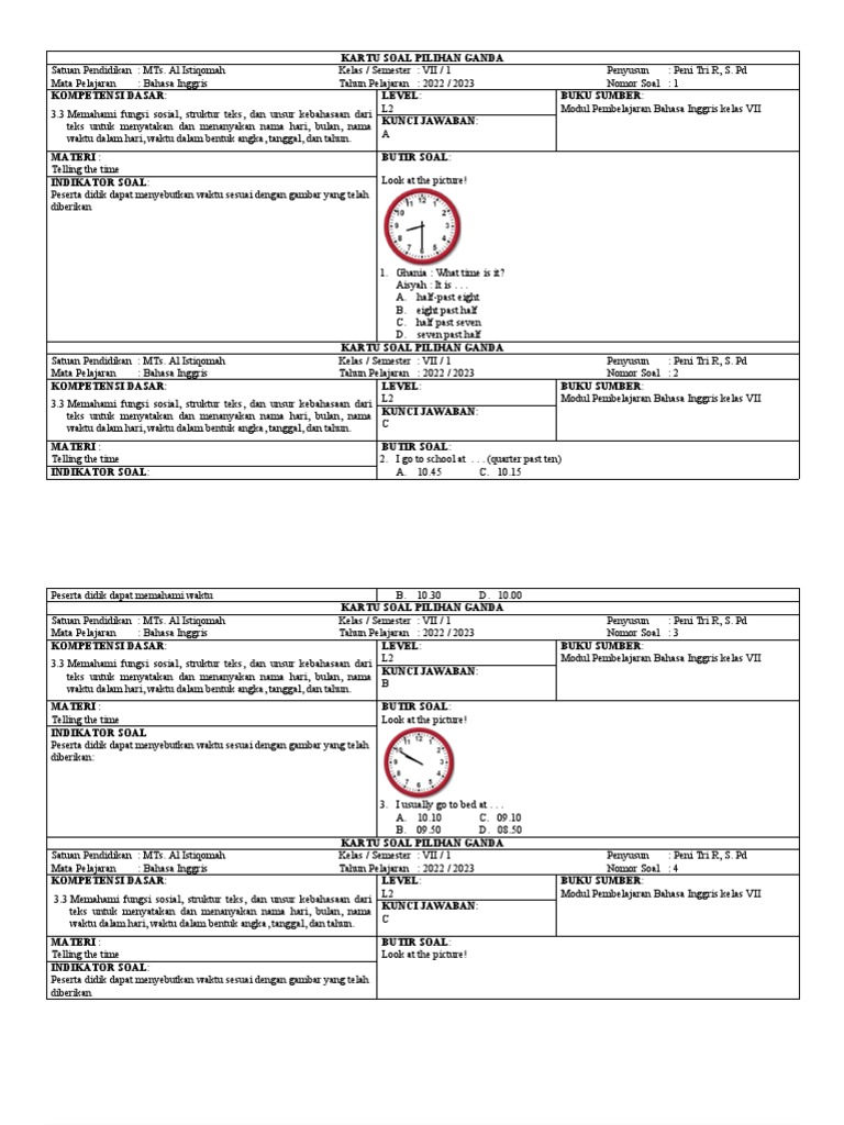 Telling Time Multiple Choice Questions | PDF
