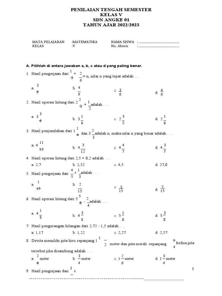 Soal PTS Matematika Kelas 5 Semester 1 | PDF