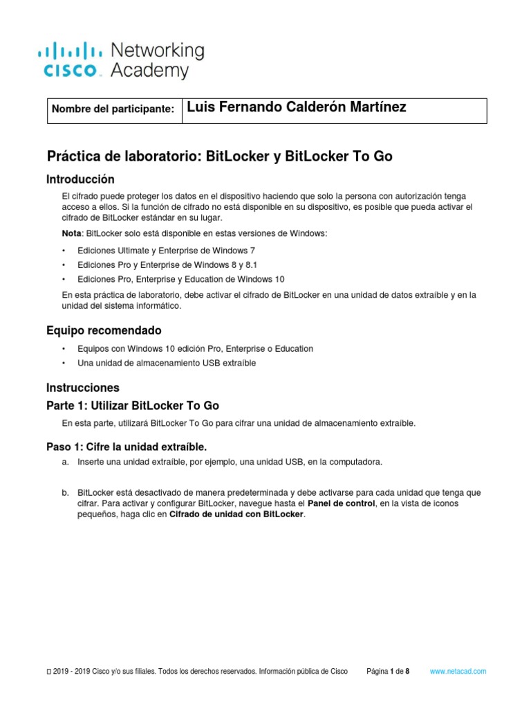 13.2.3.7 Lab - Bitlocker and Bitlocker To Go | Descargar gratis PDF | Windows 10 | Cifrado