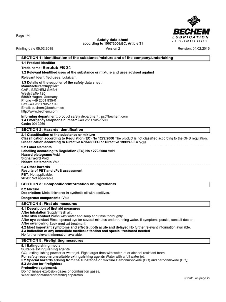 MSDS - Berulub FB 34 | PDF | Dangerous Goods | Chemistry