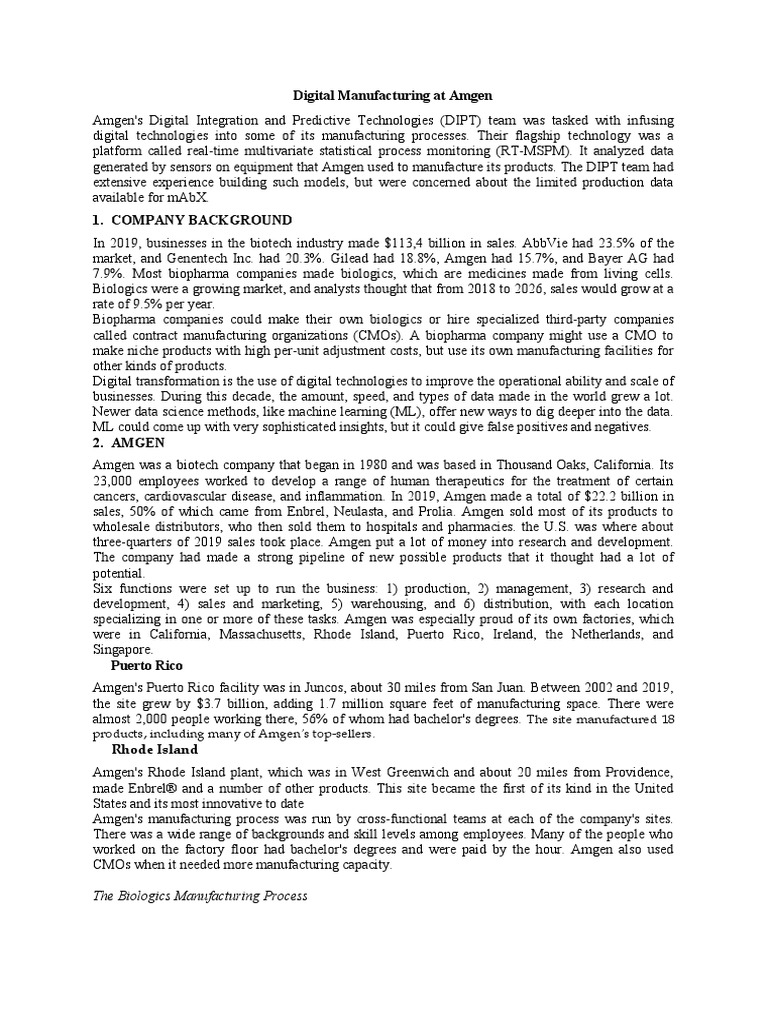 Summary - Digital Manufacturing at Amgen | PDF | Biopharmaceutical ...