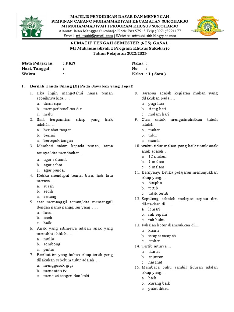 Pts PKN - Kelas 1 | PDF