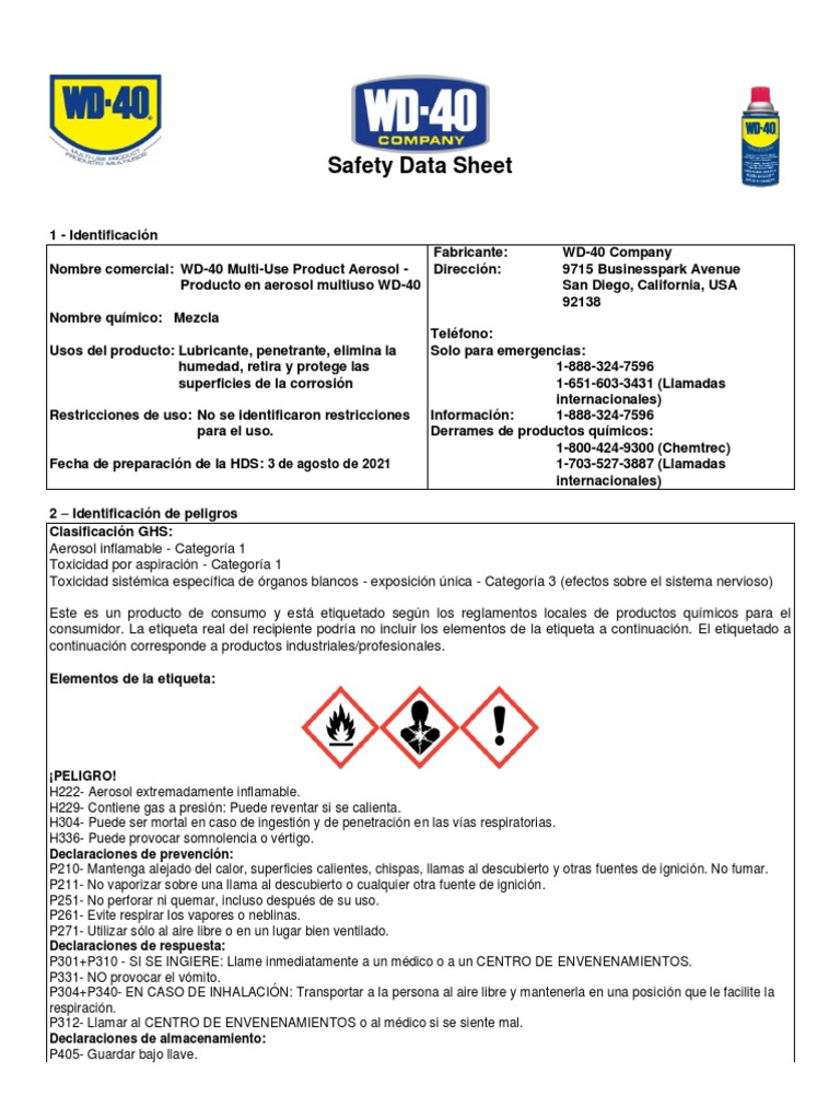 WD40-Aerosol Hoja Seguridad-1 | PDF | Agua | Combustión