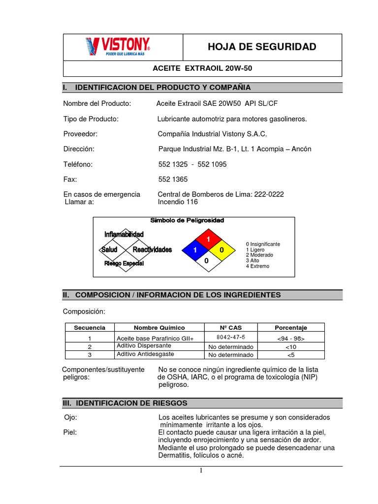 MSDS Extraoil 20W50 | PDF | Agua | Lubricante
