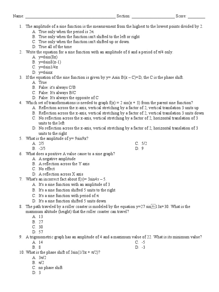 QUIZ #2 - Sine Functions Blank | PDF