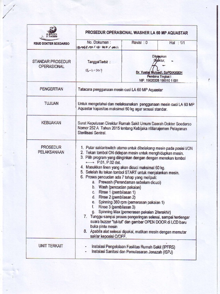 Sop 22. Prosedur Operasional Washer La 60 MP Aquastar | PDF