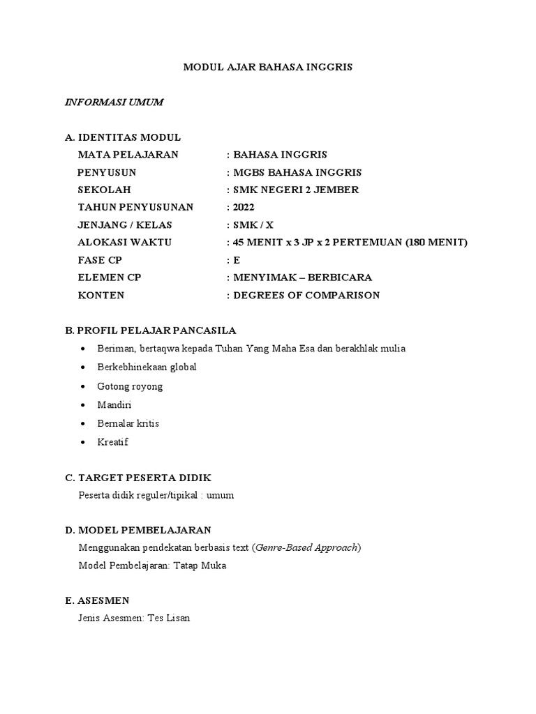 Modul Ajar BHS Ingg Degree of Comparison | PDF