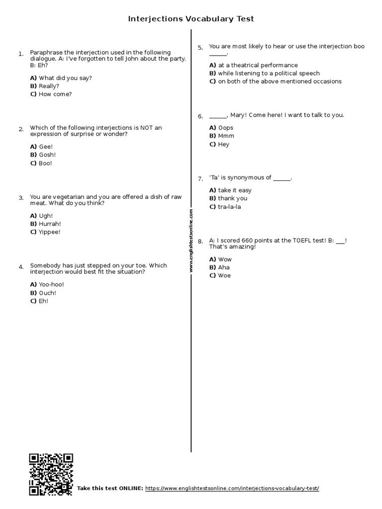 173 Interjections Vocabulary Test | PDF | Semantics | Syntactic ...