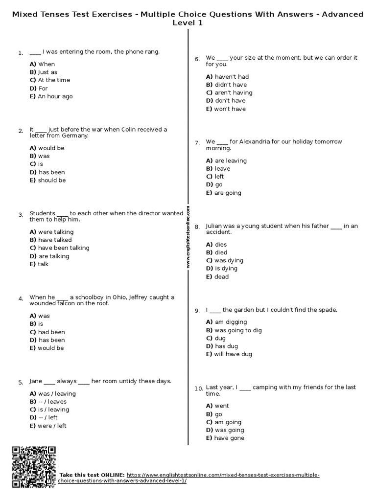 500 Mixed Tenses Test Exercises Multiple Choice Questions With Answers ...
