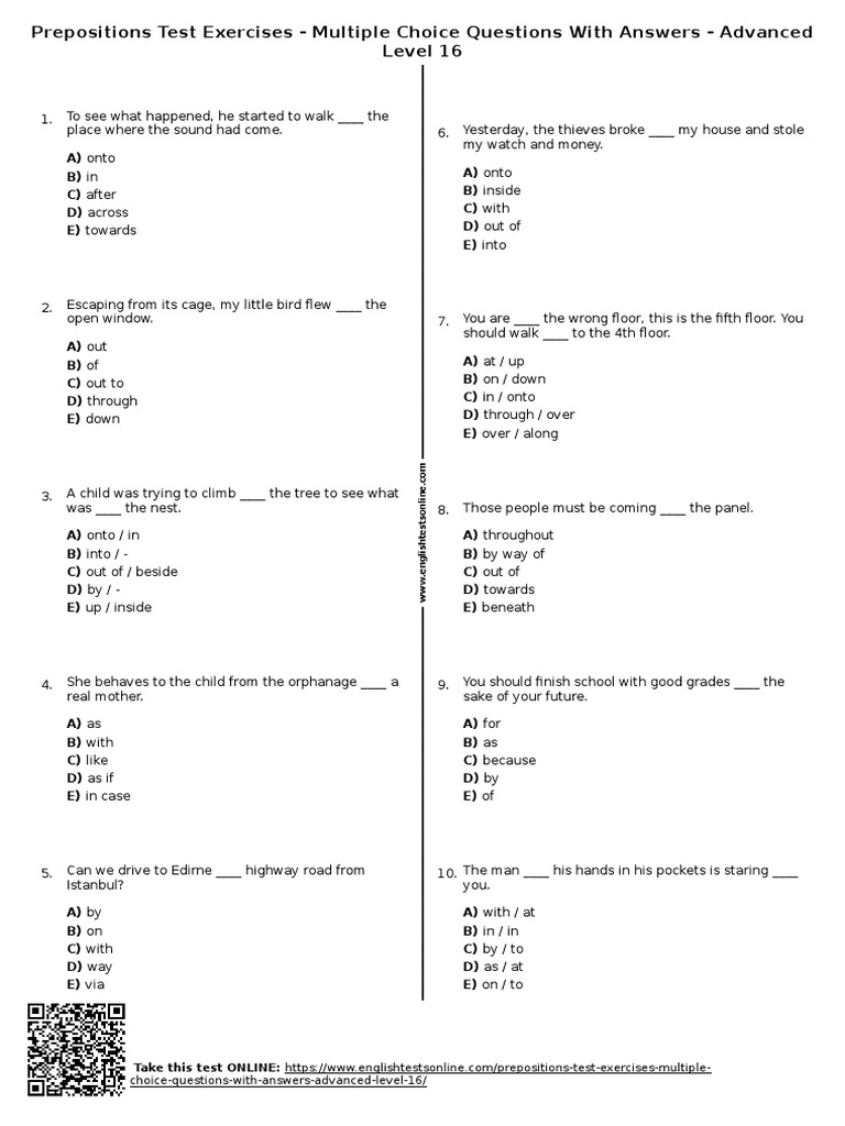 515 Prepositions Test Exercises Multiple Choice Questions With Answers ...