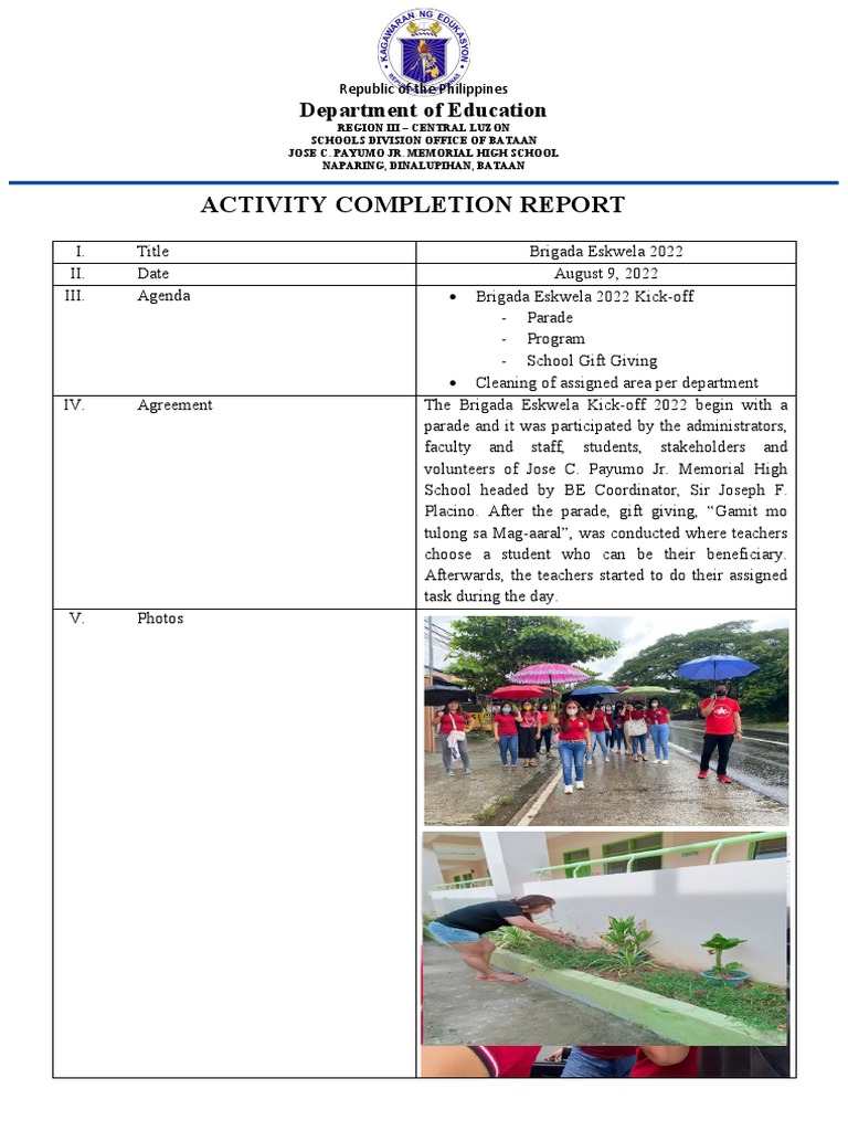 ACTIVITY COMPLETION REPORT (Brigada Eskwela) | PDF