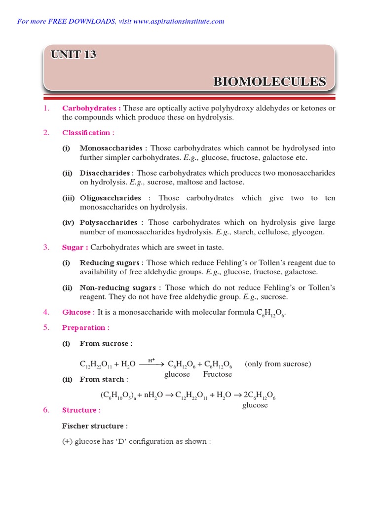 CBSE Class 12 Chem Notes Question Bank Biomolecules PDF | PDF ...