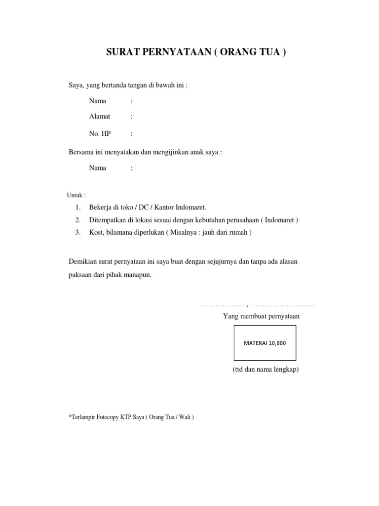 Surat Pernyataan Orang Tua | PDF
