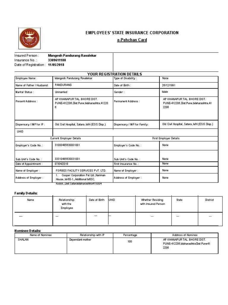 ESI e-Pehchan Card Details | PDF | Social Programs | Labor