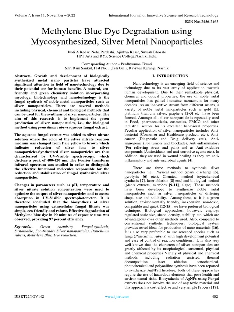 Methylene Blue Dye Degradation Using Mycosynthesized, Silver Metal ...