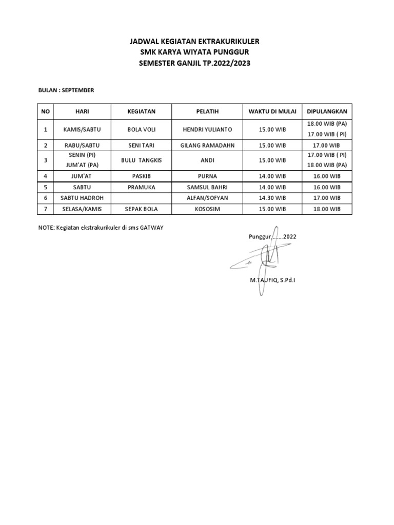 Jadwal Eskul 2022 | PDF
