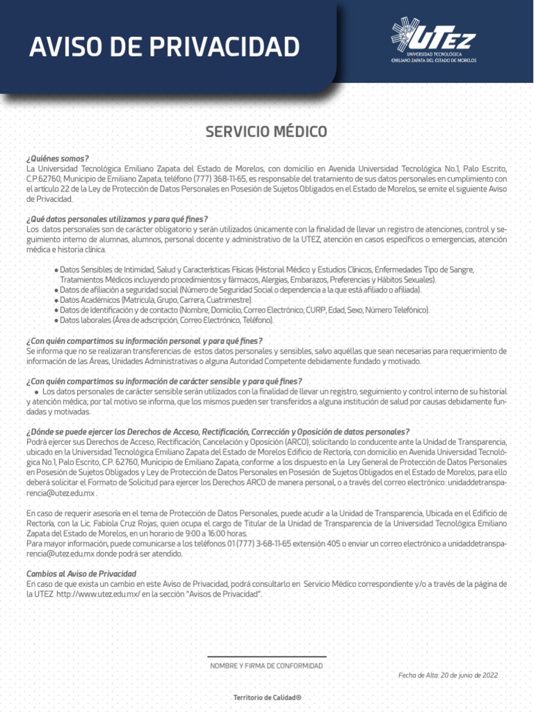 Aviso de Privacidad - Servicio Médico - Conformidad | PDF | Privacidad de la información ...