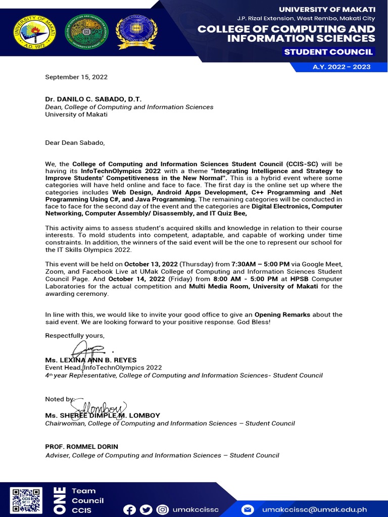 Invitation Letter To Dean (InfoTechnOlympics) | PDF