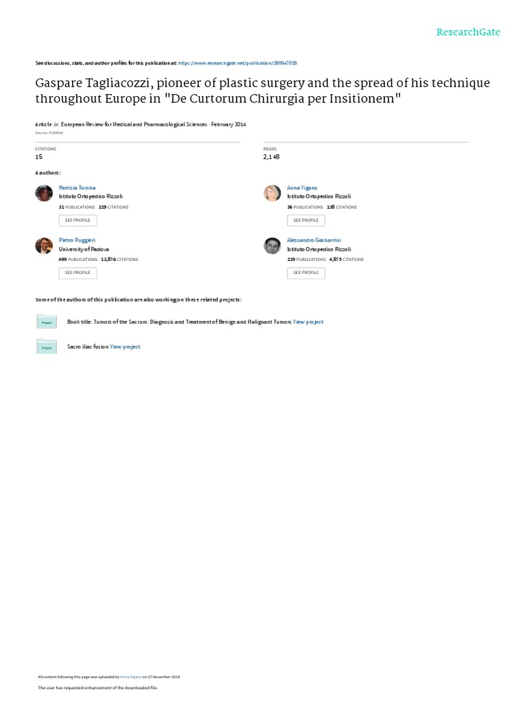 Gaspare Tagliacozzi: Pioneer of Plastic Surgery and the Spread of His ...