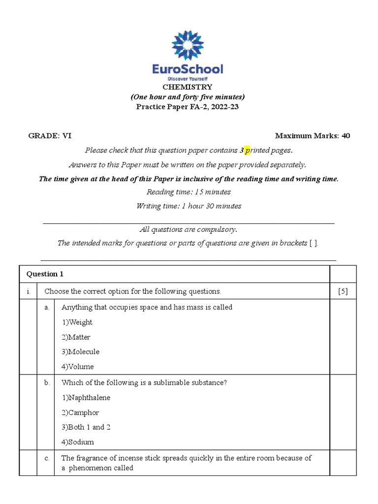 Icse Grade 6 Chem PP QP Fa2 | PDF | Teaching Methods & Materials