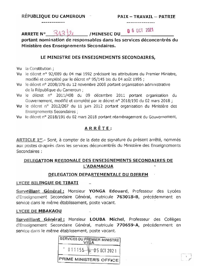 Nomination des responsables MINSEC 2025 | PDF | Enseignement secondaire ...