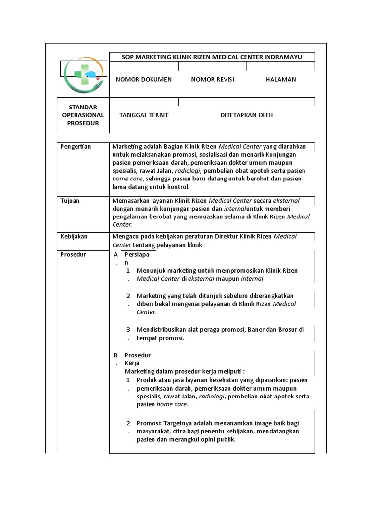 SOP Marketing Klinik Rizen | PDF