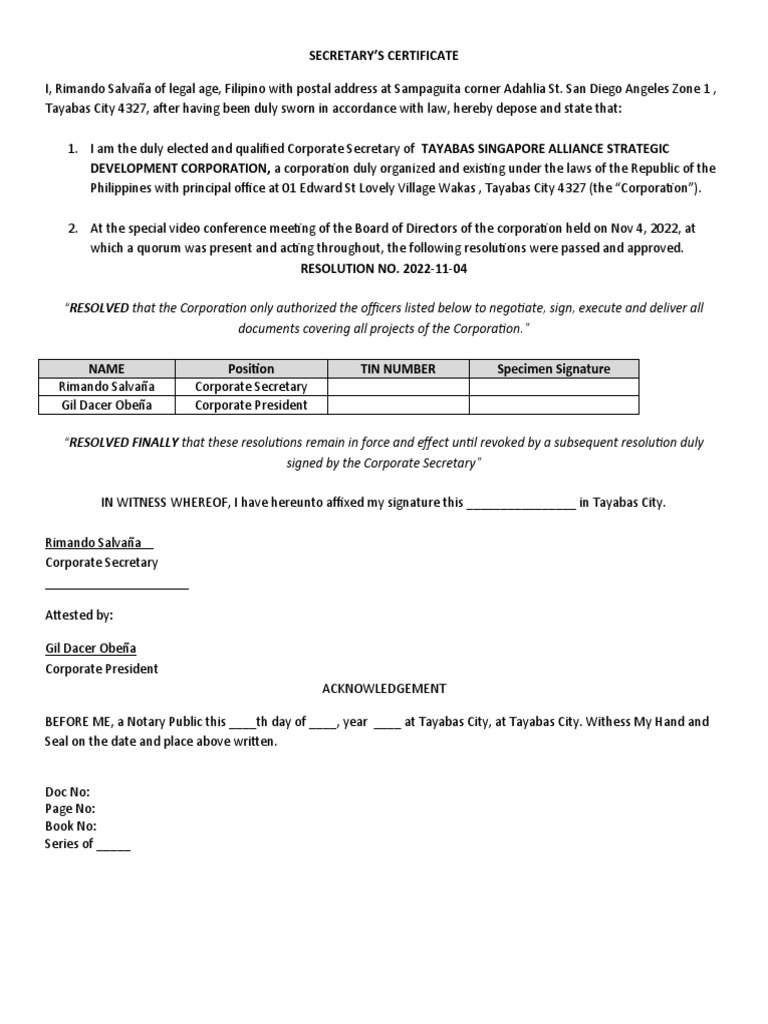 Secretary Certificate | PDF