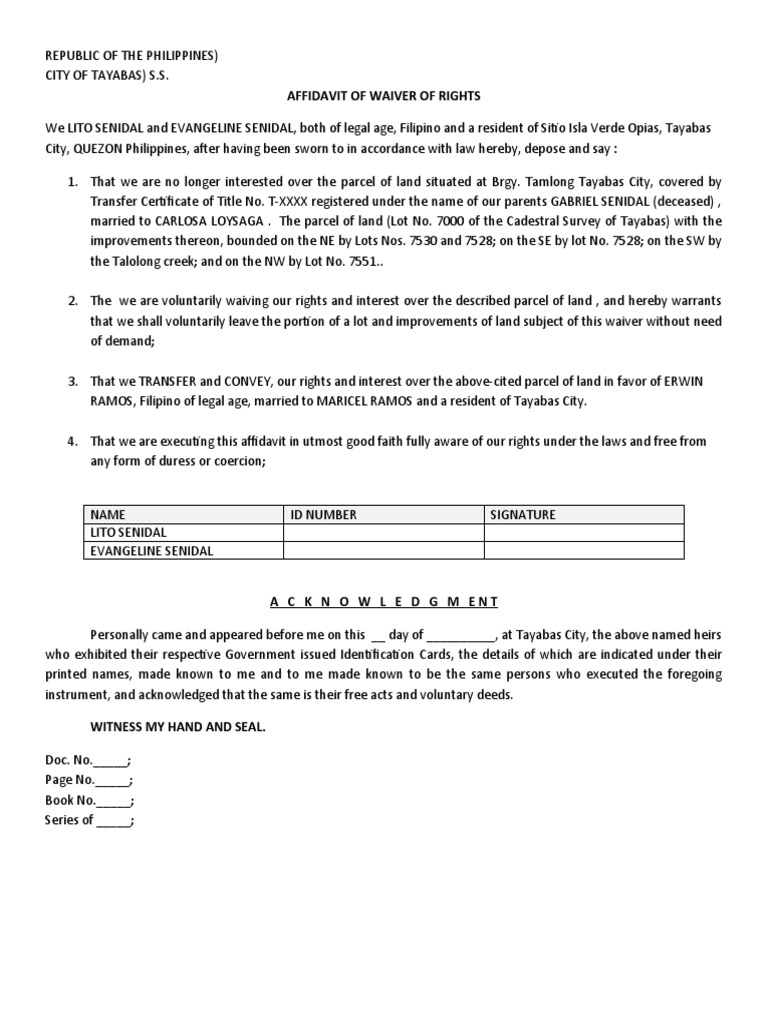 Affidavit Waiver of Rights Sample 1 | PDF Affidavit Waiver of Rights Sample 1 | PDF