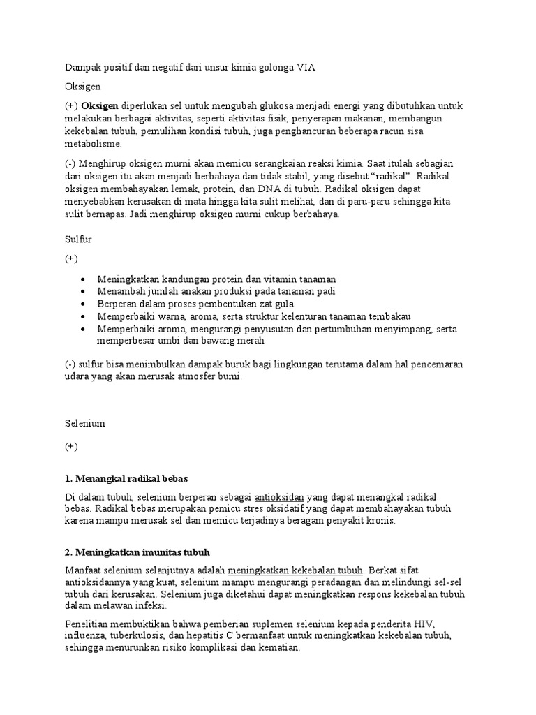 Dampak Positif Dan Negative Dari Unsur Kimia Golonga VIA | PDF ...