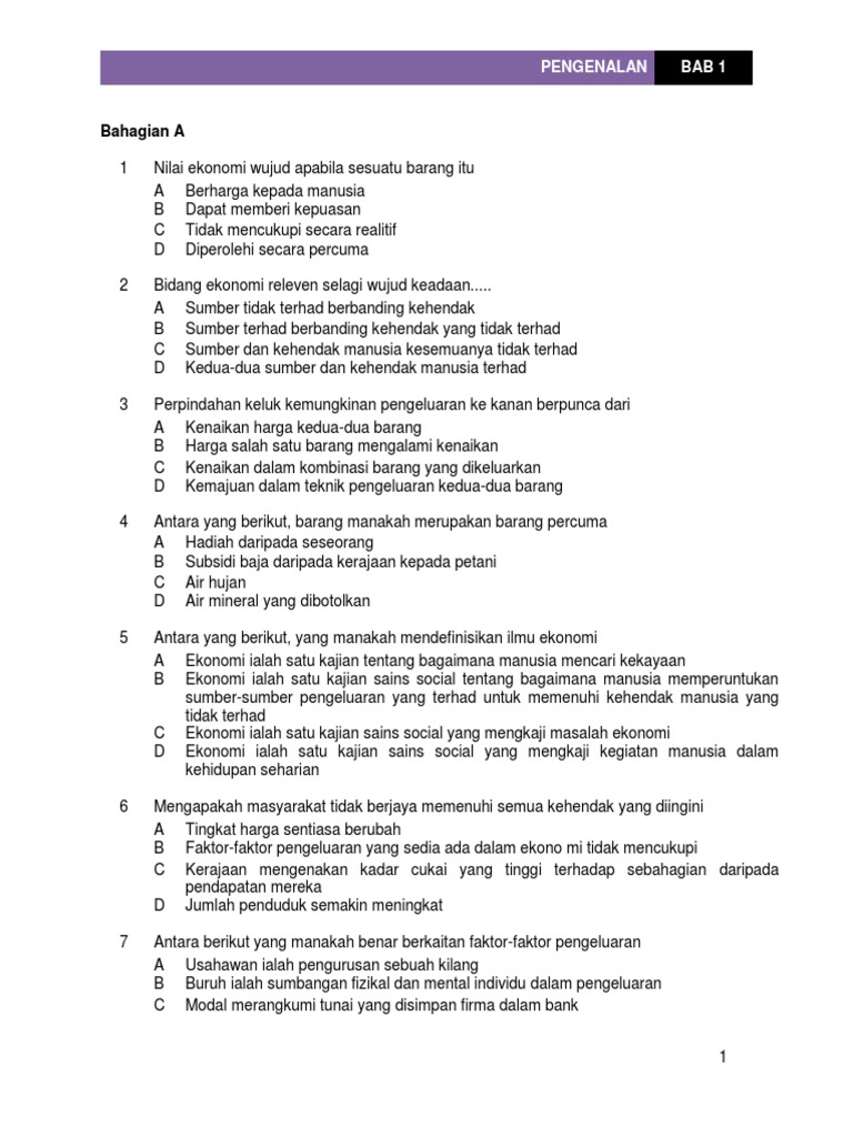 Latihan Bab 1 Pengenalan Ekonomi | PDF