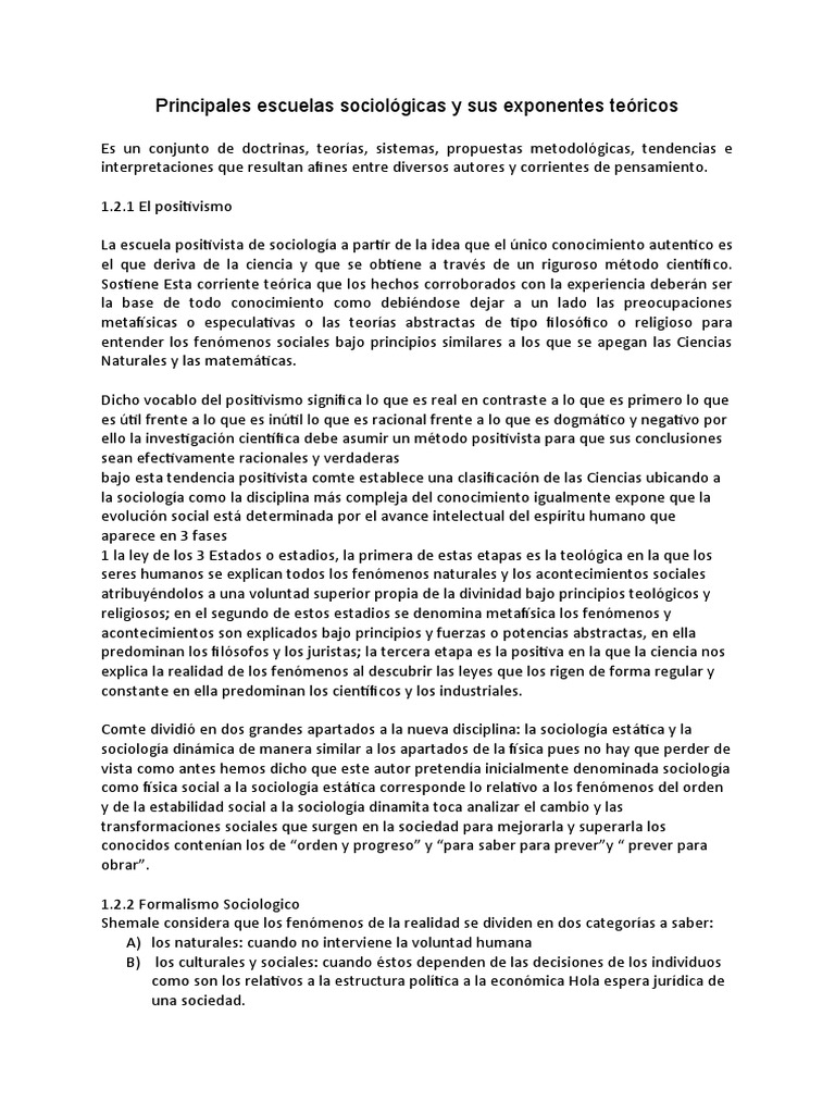 Escuelas y Teorías Sociológicas Principales | PDF | Positivismo ...