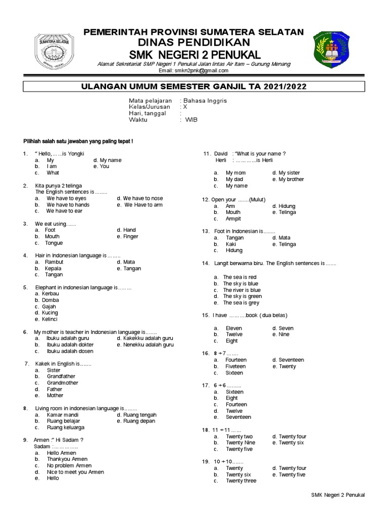 English Exam Practice Questions from SMK Negeri 2 Penukal, South ...