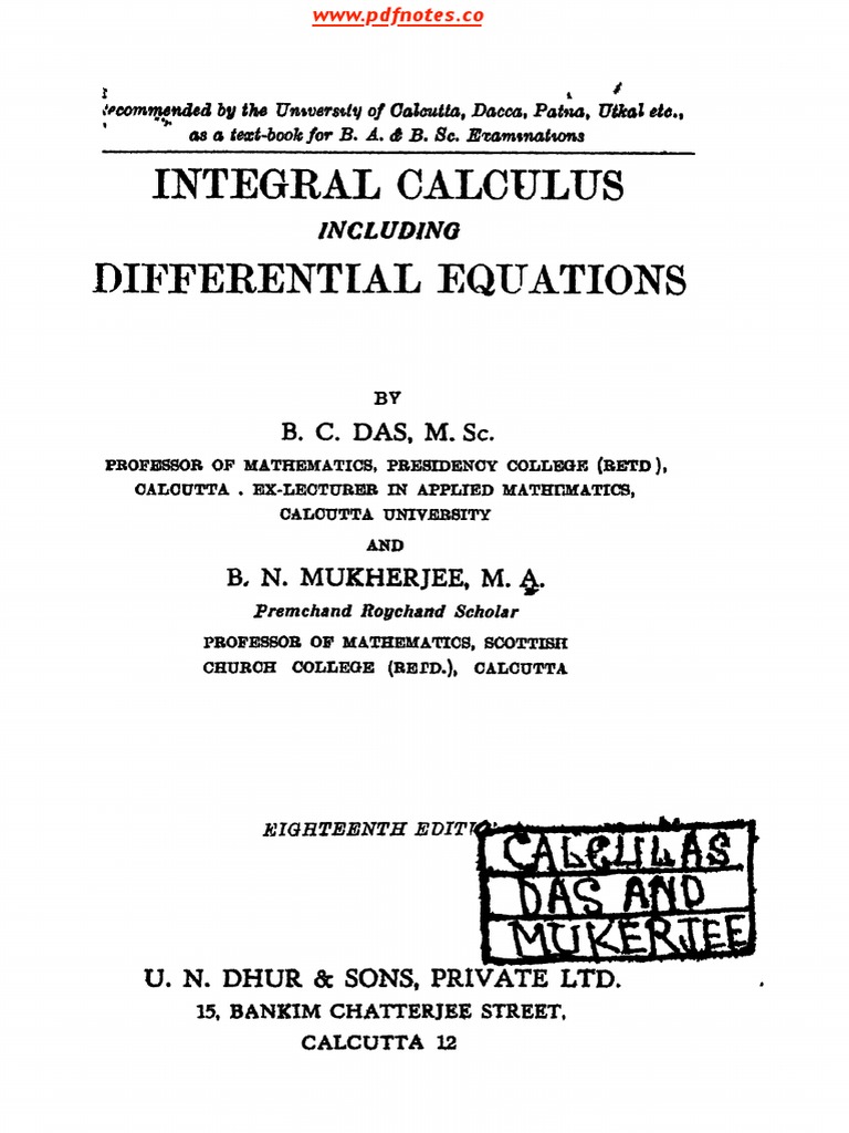 Integral Calculus Including Differential Equation (B C Das, B N ...