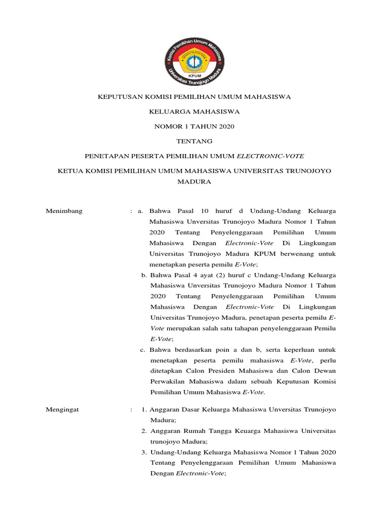Kep - KPUM KM UTM Nomor 1 Tahun 2020 Tentang Penetapan Peserta ... Kep - KPUM KM UTM Nomor 1 Tahun 2020 Tentang Penetapan Peserta ...