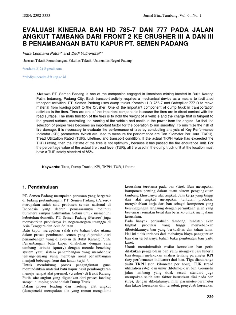 Evaluasi Kinerja Ban HD 785-7 Dan 777 Pada Jalan Angkut Tambang Dari ...
