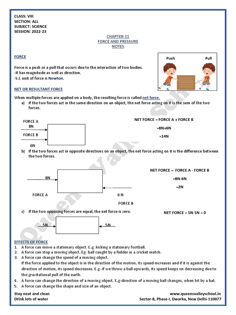Class 8 Science: Force and Pressure Notes | PDF | Force | Pressure