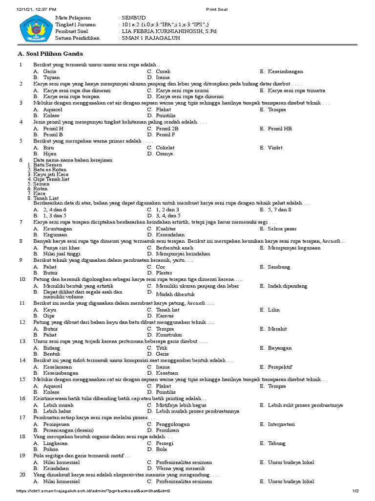 Soal Seni Budaya Kelas X | PDF