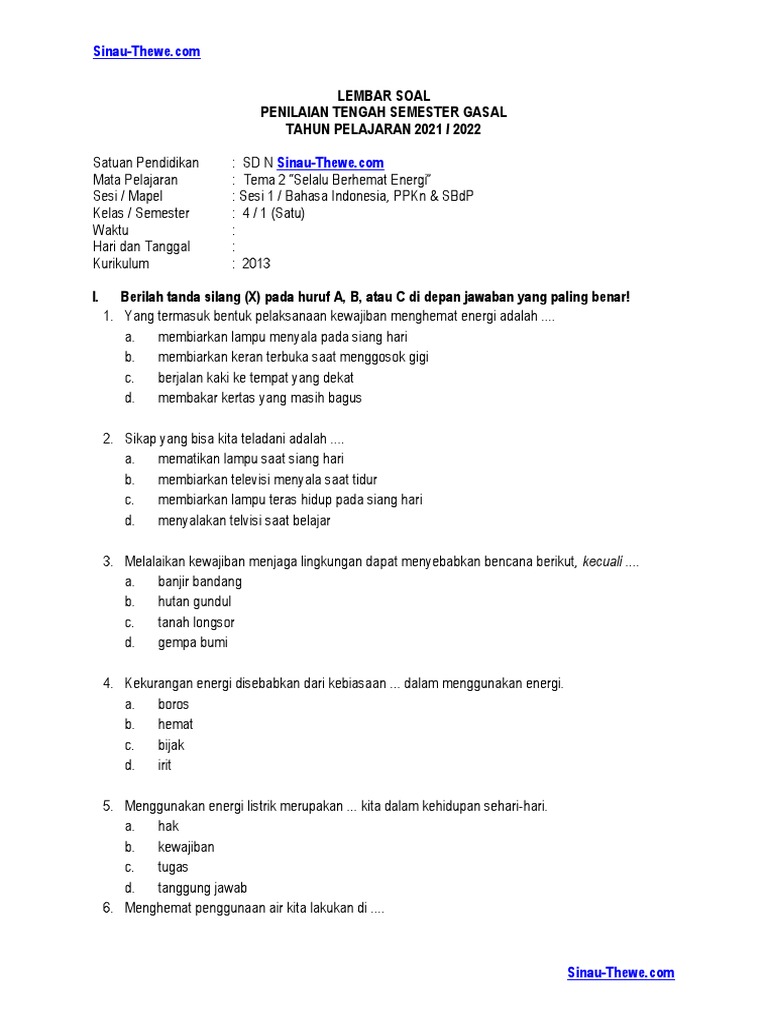 Soal PTS Kelas 4 Semester 1 Tema 2 B. Indonesia, PPKN, SBDP & Jawaban | PDF